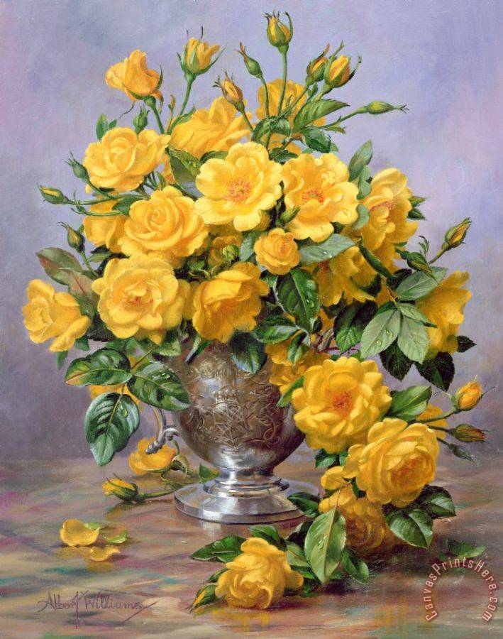 Albert Williams Bright Smile - Roses in a Silver Vase Art Print for ...